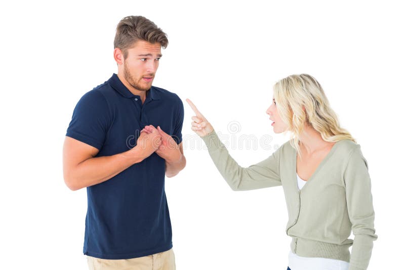 Woman Accusing Her Guilty Looking Boyfriend Stock Image - Image of ...