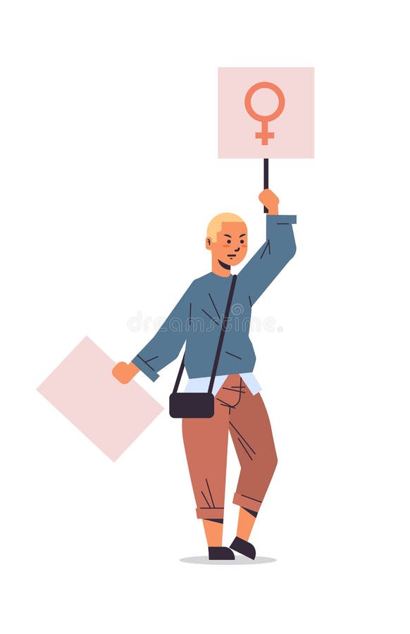 Woman Activist Protesting Holding Placard With Female Gender Sign