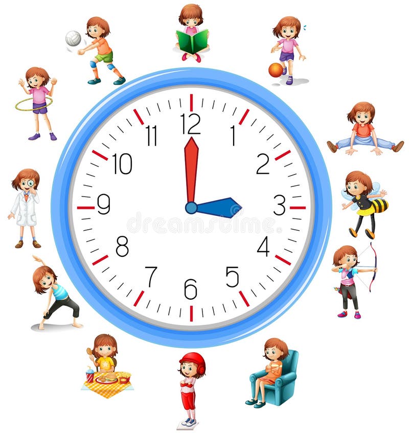 Woman activity on clock stock vector. Illustration of flat - 130367247