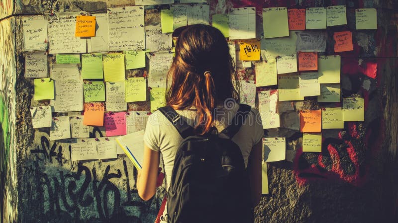The Woman is Adding Notes To a Wall Covered with Sticky Notes Stock ...