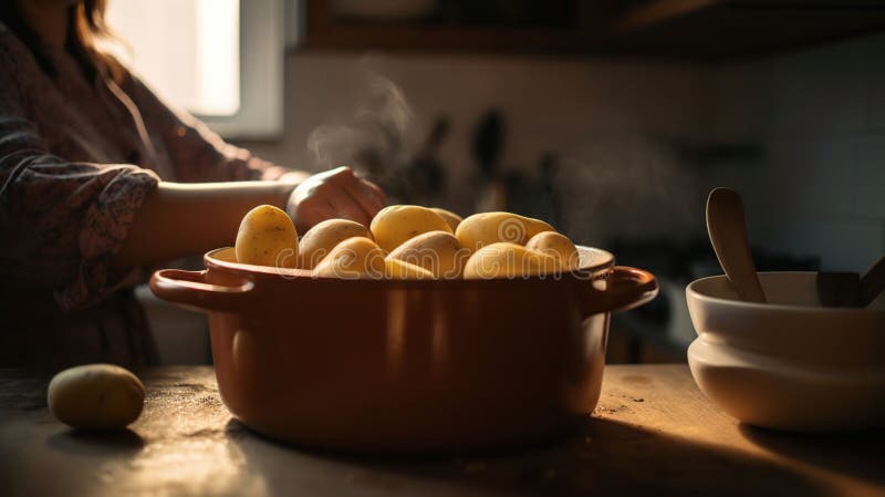 Woman Adding Potato To Cooking Pot in Kitchen, Generative Ai Stock ...