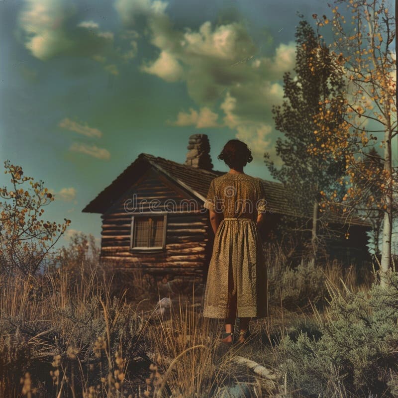 Woman Admiring a Quaint Cabin in the Woods Stock Illustration ...