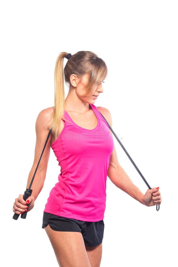 Woman Aerobics Rope Isolated on White Background Stock Photo - Image of ...
