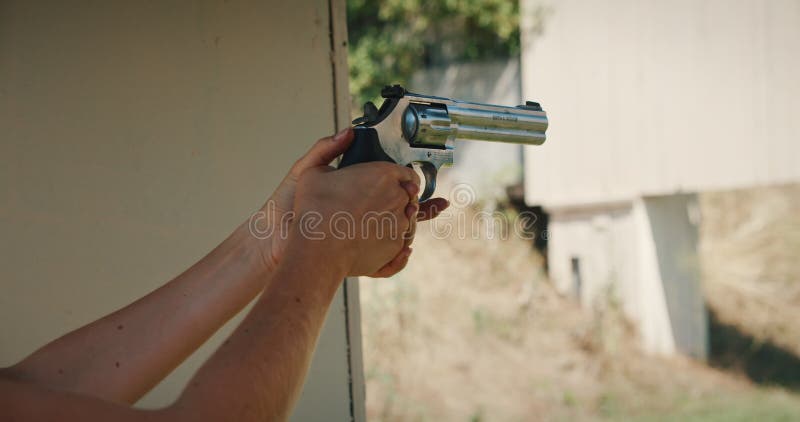 Woman Aiming Silver Revolver Outside during Shooting Practice Stock ...