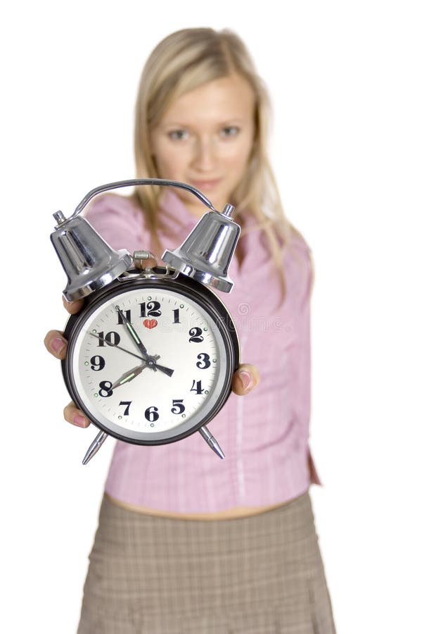 Woman with Alarm Clock stock photo. Image of interesting - 1616286