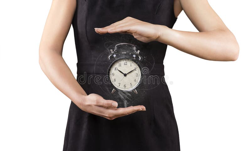 Woman with Alarm Clock between Hands, Isolated on White, Magic Stock ...