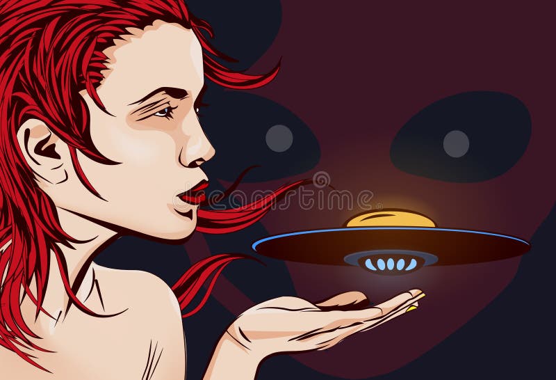 Woman, Alien Ship and Alien Face. Vector Image. Stock Vector ...