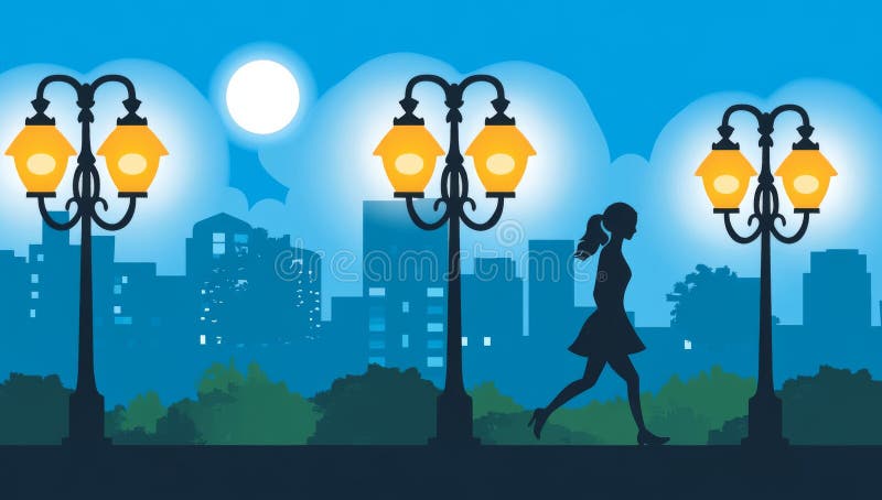 A Woman Alone Strolls through the Park Under the Cover of Night ...