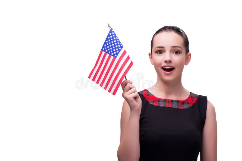 The Woman with American Flag Isolated on White Stock Photo - Image of ...