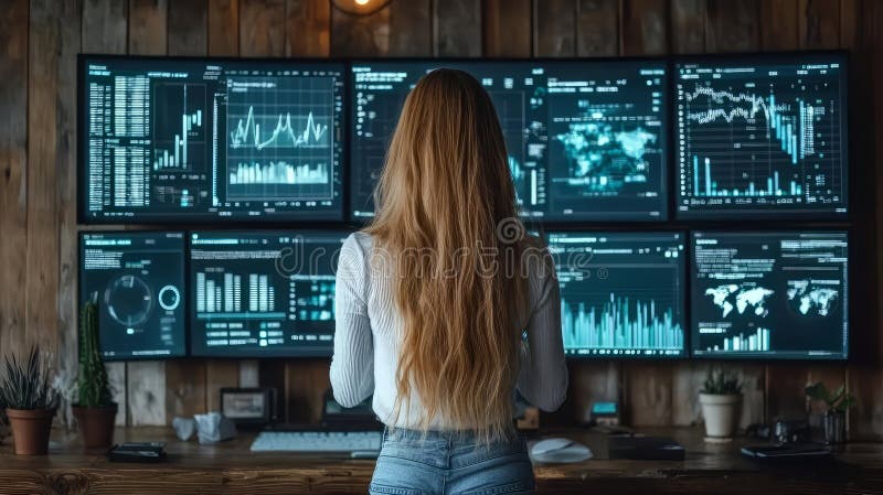 A Woman Analyzes Data on Multiple Screens in a Modern Workspace Stock ...