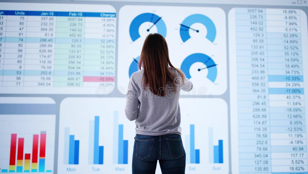 Woman Analyzing Big Data on Computer Screen Stock Photo - Image of ...