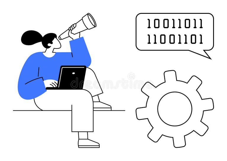 Woman Analyzing Binary Code with Telescope, Laptop, and Gear Symbolizing Technology and Data ...