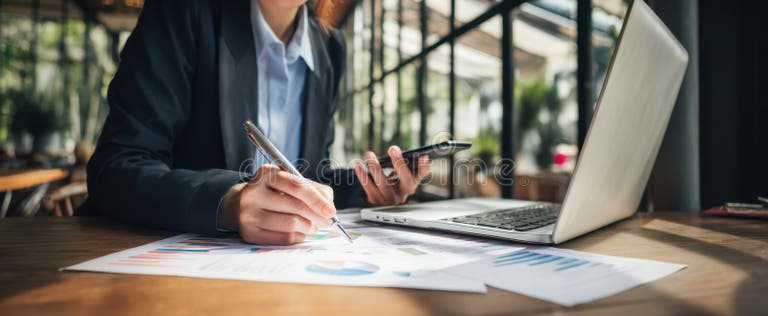 The Woman Analyzing Business Data while Using a Smartphone and Laptop ...