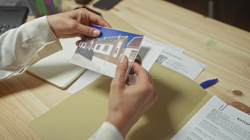 Woman Analyzing Crime Scene Photos and Documents in an Investigation ...
