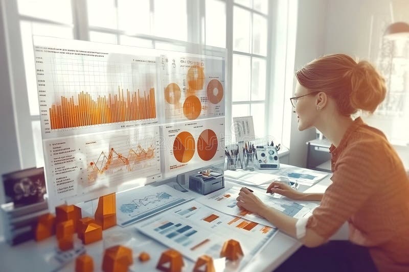 Woman Analyzing Data And Business Analytics On Computer Dashboard Stock Illustration