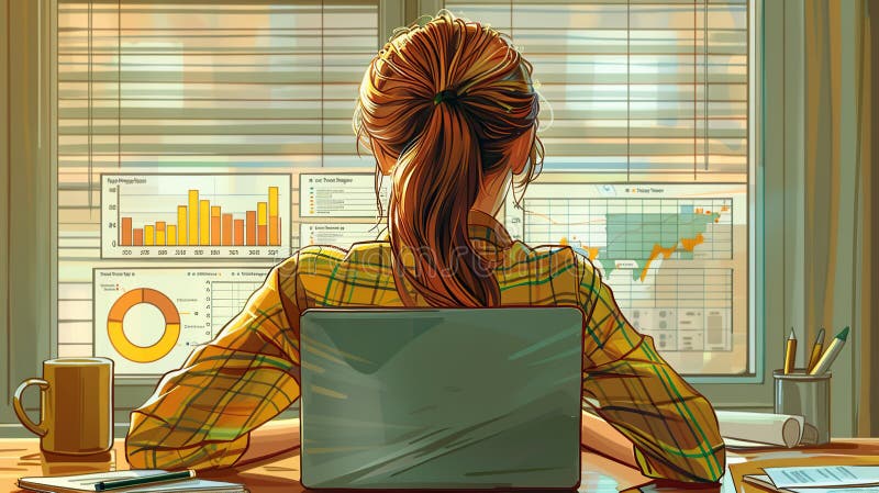 Woman Analyzing Data Charts on Her Computer Stock Illustration ...
