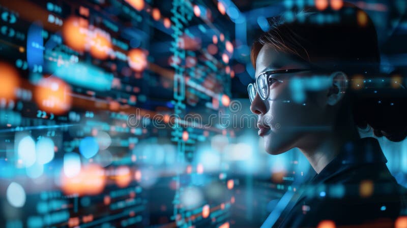 Woman Analyzing Data on Futuristic Digital Screens in a High-tech ...