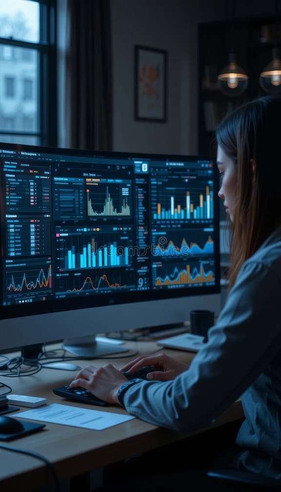Woman Analyzing Data on Multiple Dark-Mode Monitors Stock Image - Image ...