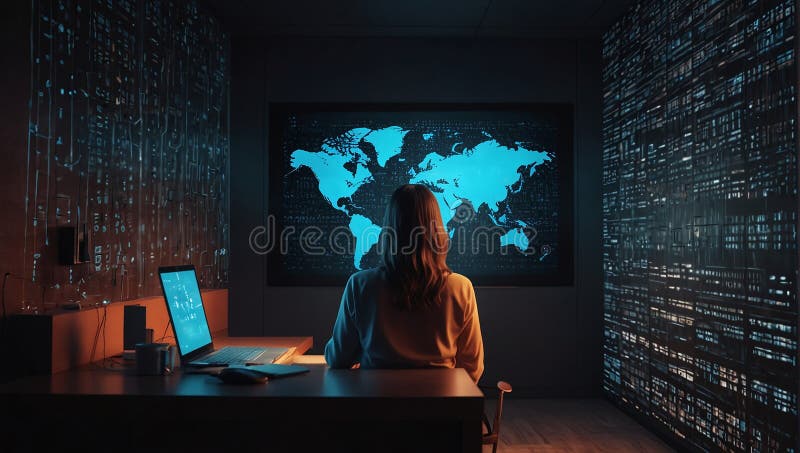 Woman Analyzing Global Data on Large Screen in Dark Room with Digital Projections Stock ...