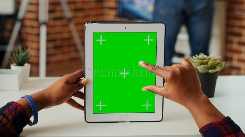 Woman Analyzing Greenscreen on Isolated Display Stock Image - Image of ...