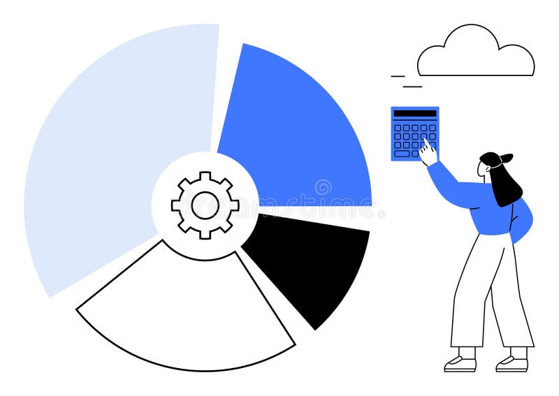 Woman Analyzing Pie Chart Data with Calculator and Cloud Connection Visualization Stock Vector ...