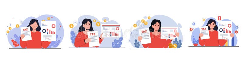 Woman Analyzing Tax Documents Set Stock Vector - Illustration of person ...