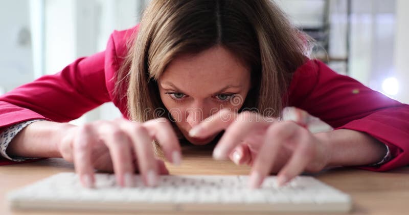 Woman Angry Face at Table with Computer and Keyboard Stock Footage ...