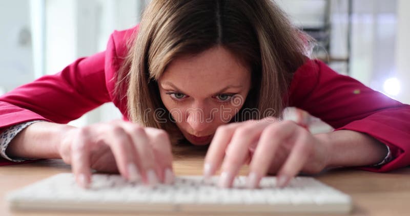 Woman Angry Face at Table with Computer and Keyboard Stock Video ...