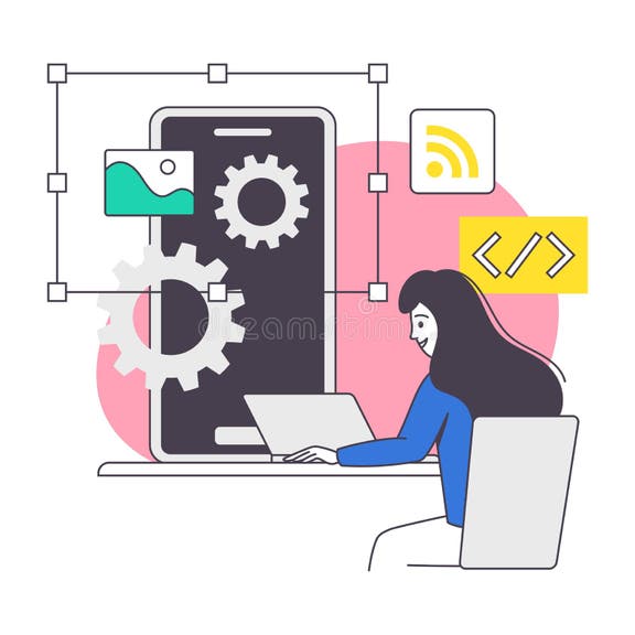 Woman App Dev Professional Developing Software Application for Mobile Device Vector Illustration ...