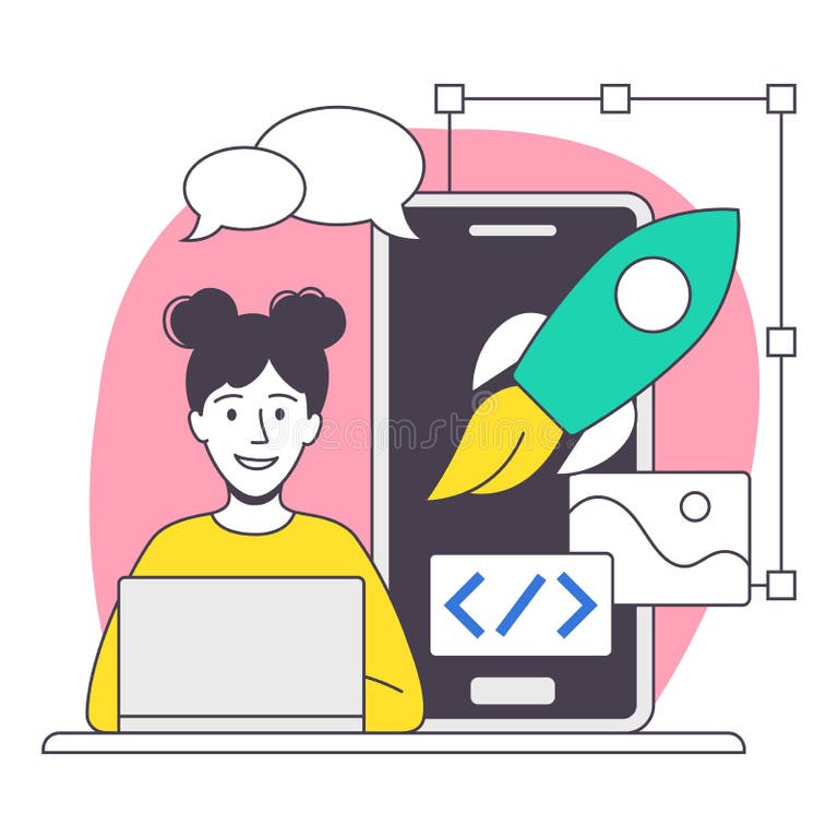 Woman App Dev Professional Developing Software Application for Mobile Device Vector Illustration ...