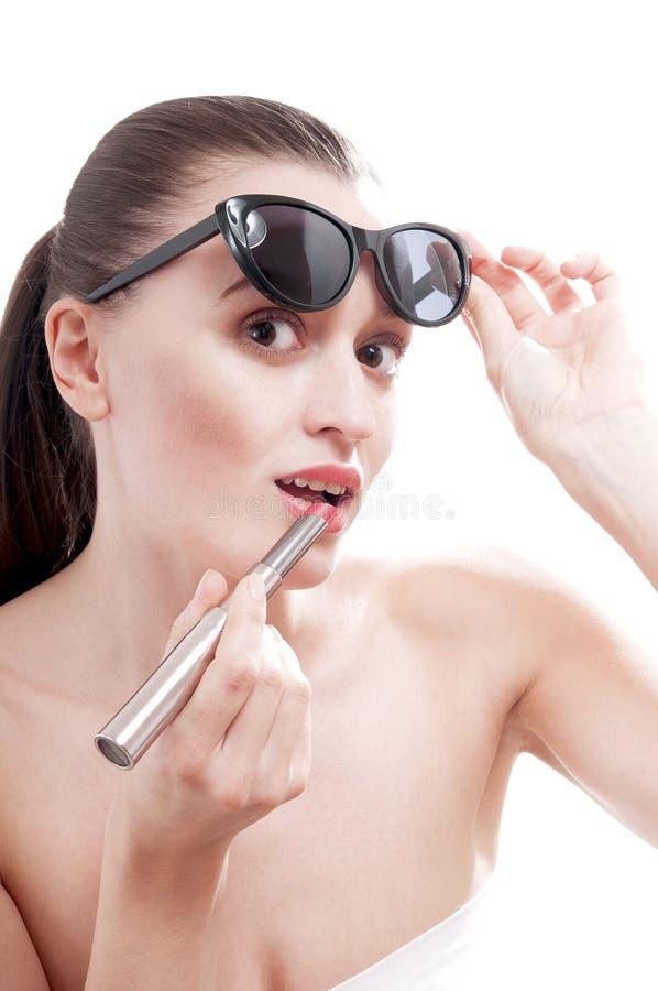 Woman Applies A Red Lipstick On Lips Stock Image Image Of Care