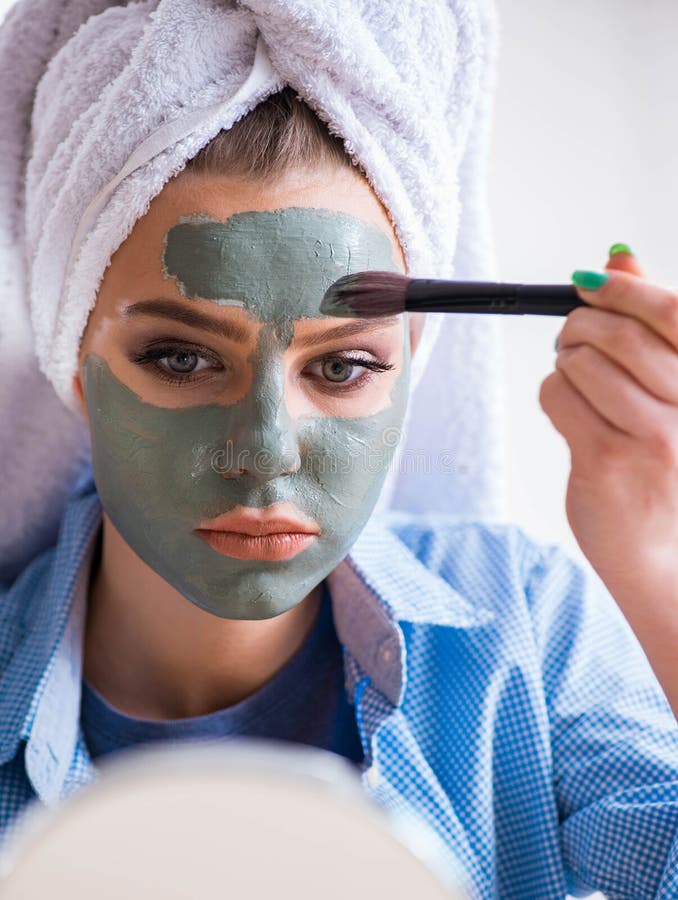Woman Applying Clay Mask with Brush at Home Stock Image - Image of girl ...