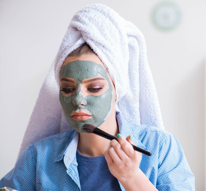 Woman Applying Clay Mask with Brush at Home Stock Image - Image of mask ...