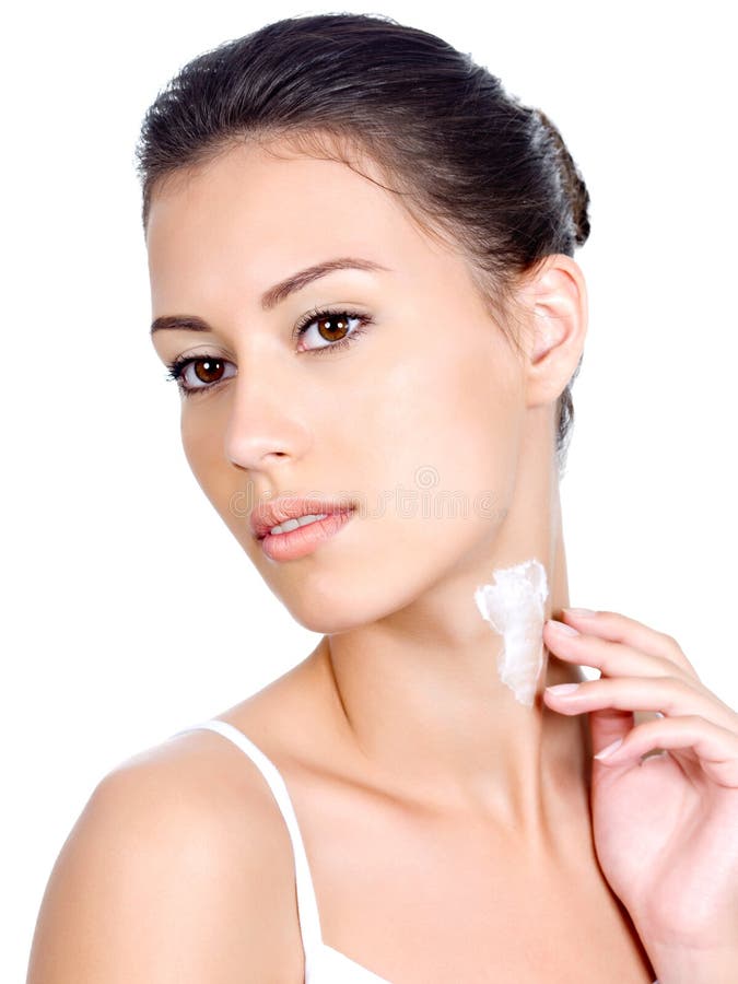 Beautiful Woman Applying Cream on Face Stock Photo - Image of aging ...