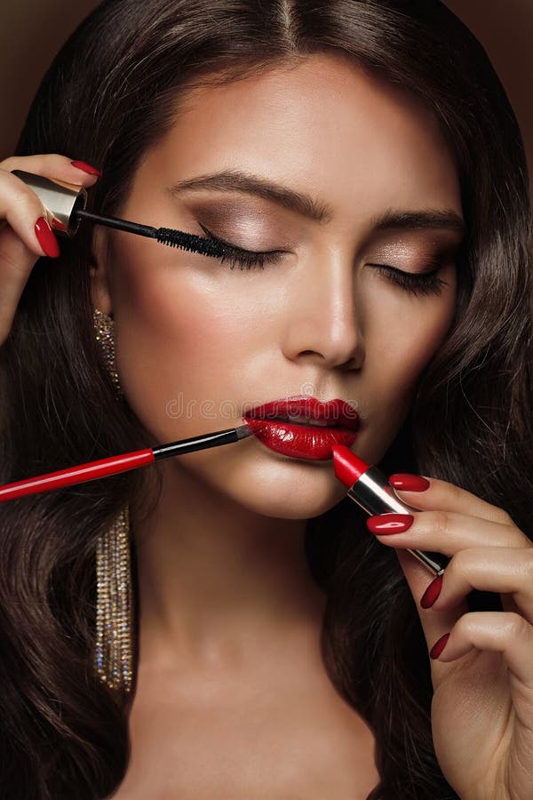 Make Up Artist Apply Red Lipstick Part Of Attractive Woman S Face With