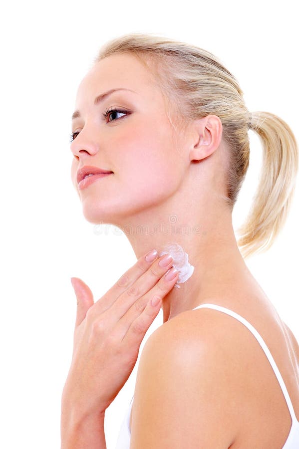 Woman Applying Moisturizer Cream on Her Neck Stock Photo - Image of ...