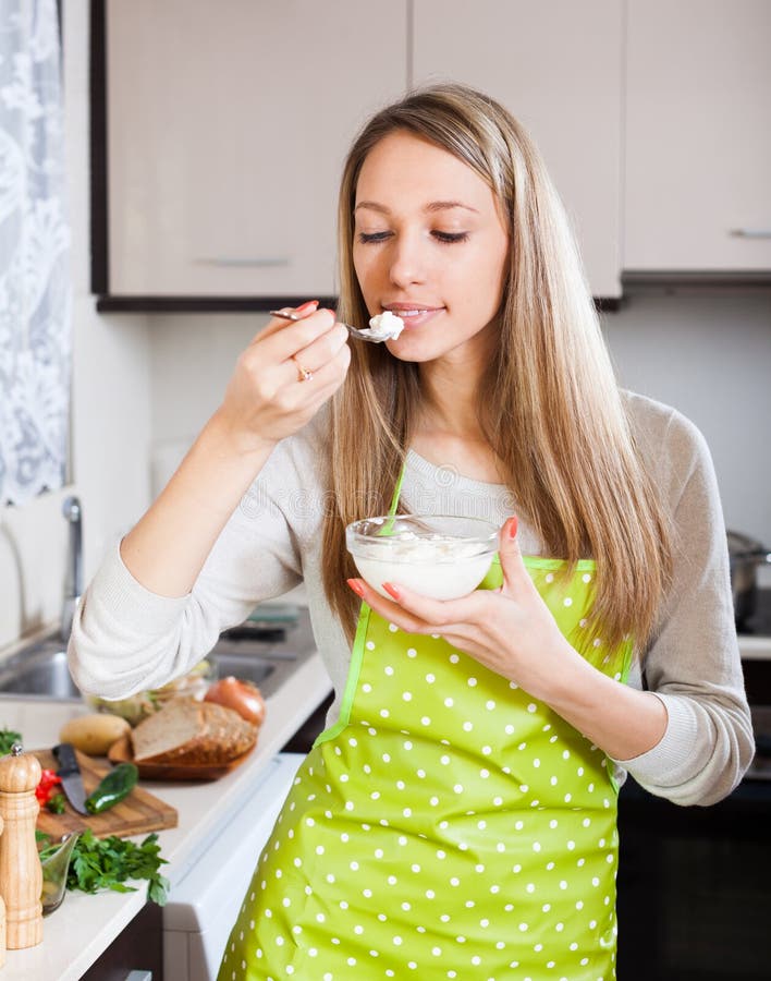 Woman in Apron Eating Curd Cheese Stock Photo - Image of food, diet ...