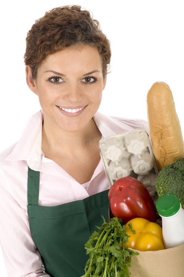 Woman in Apron Holding Grocery Bag Stock Photo - Image of happiness ... Woman in Apron Holding Grocery Bag Stock Photo - Image of happiness ...