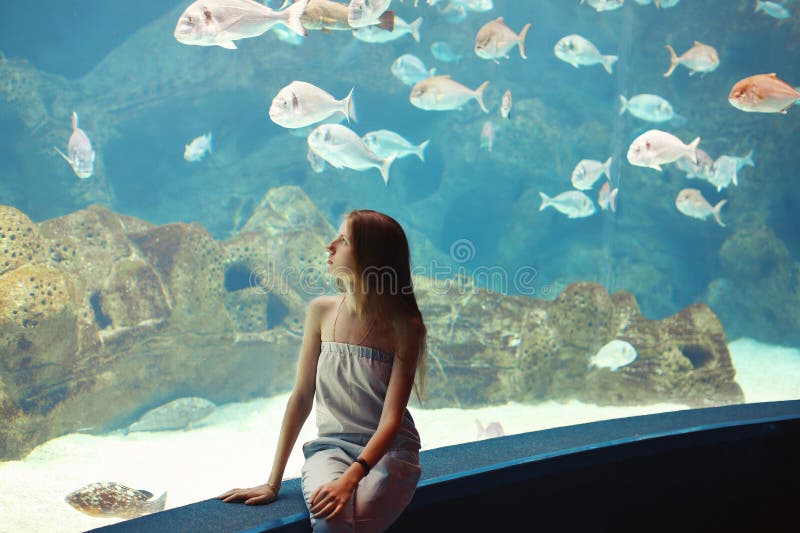 Woman in the Aquarium Watching the Fish Stock Photo - Image of leisure ...