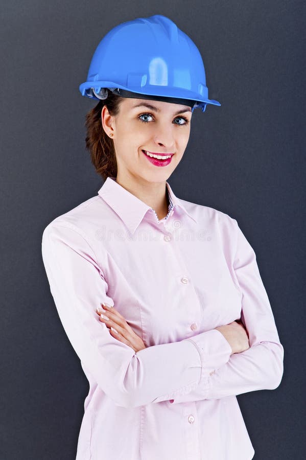 Woman Architect, Contractor in Blue Helmet Stock Image - Image of ...