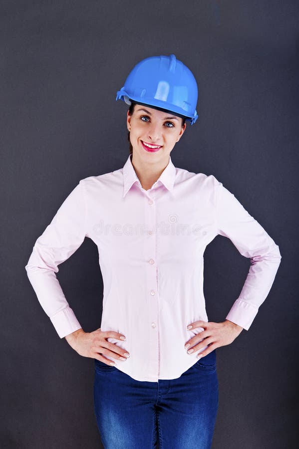 Woman Architect, Contractor in Blue Helmet Stock Image - Image of ...