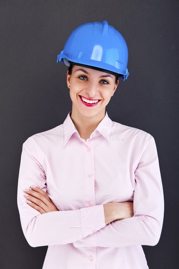 Woman Architect, Contractor in Blue Helmet Stock Photo - Image of ...