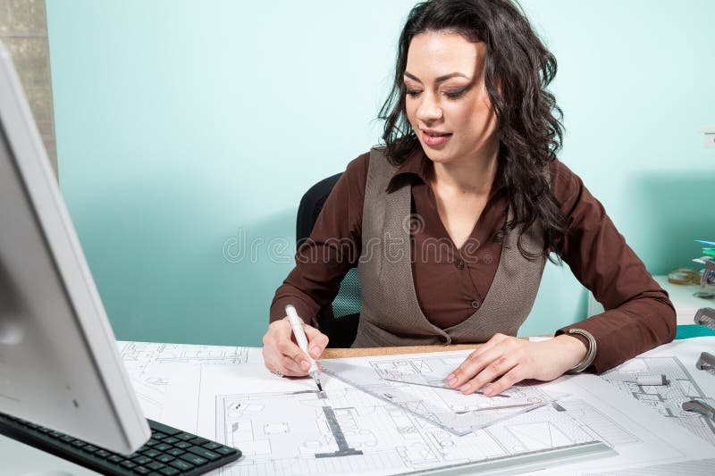 Woman Architect Working on Blueprints Stock Image - Image of plan, desk ...