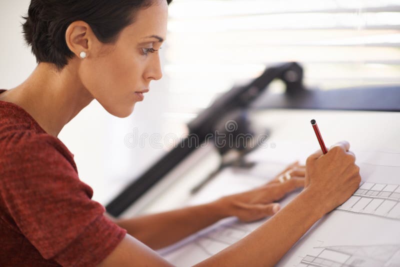 Woman, Architecture with Drawing and Blueprint for Construction, Focus ...