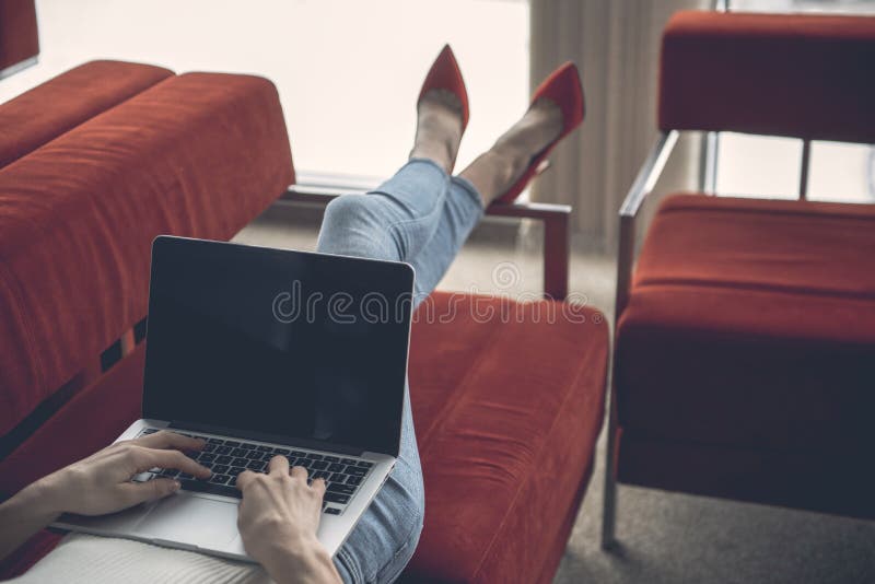 Woman Arms Using Notebook Computer Stock Image - Image of device ...