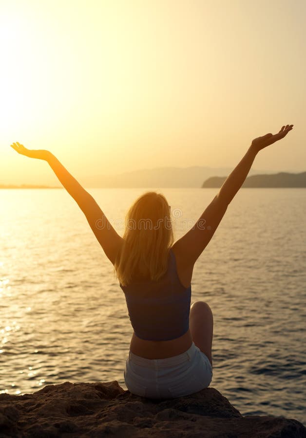 Woman with Arms Wide Open at Sunset. Stock Photo - Image of outdoors ...