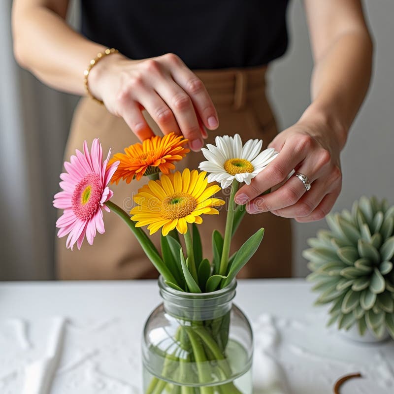 A Woman is Arranging a Vase of Flowers on a Table Stock Illustration ...