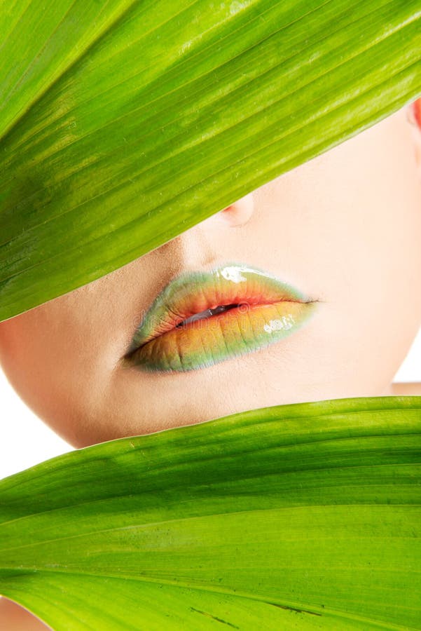 Woman with an Artistic Makeup Behind a Leaf Stock Image - Image of look ...