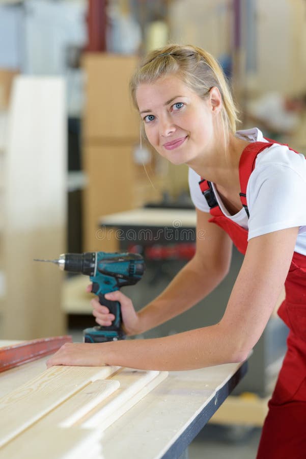 Woman As Carpenter Working on Wood Processing Stock Image - Image of ...