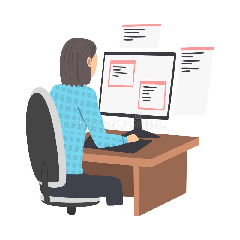 Female Programmer Character Coding On Laptop Computer Vector Illustration Stock Vector